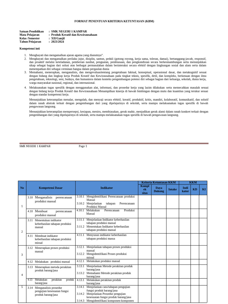 Format Penentuan KKM | PDF