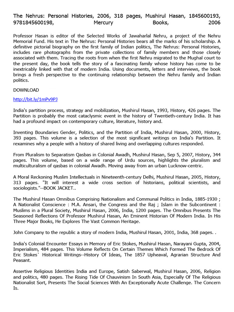 The Nehrus Personal Histories | PDF | Partition Of India | Nationalism