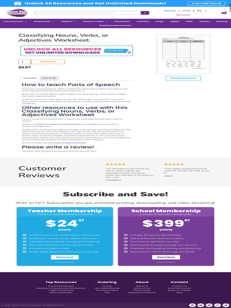 Classifying Nouns, Verbs, or Adjectives Worksheet - Have Fun Teaching ...