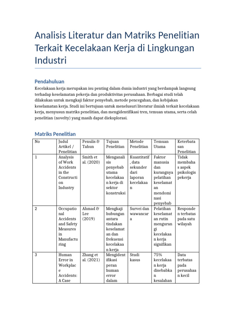 Matriks Penelitian Kecelakaan Kerja | PDF