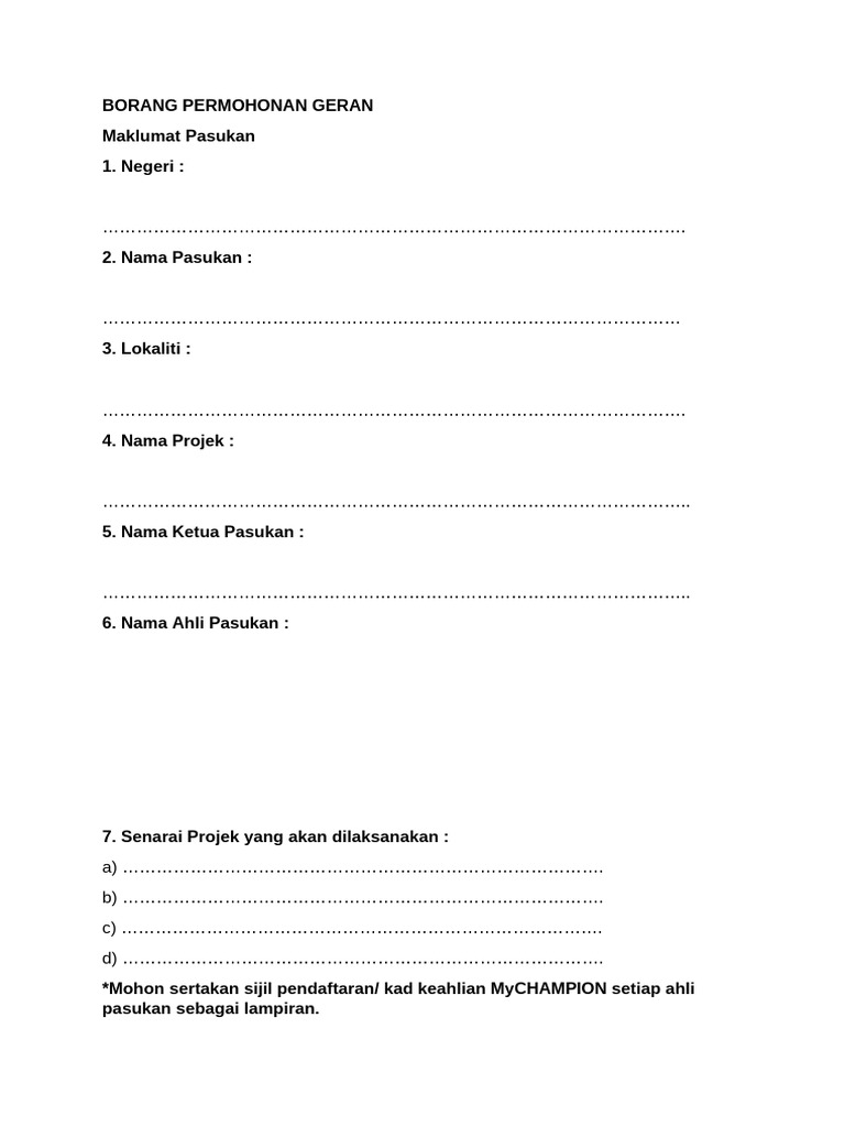 BORANG PERMOHONAN GERAN MyCHAMPION | PDF