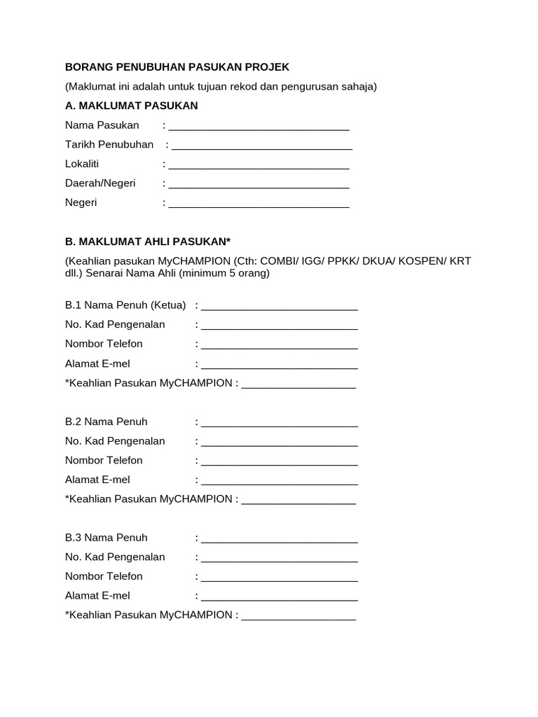 BORANG PENUBUHAN PASUKAN PROJEK MyCHAMPION | PDF