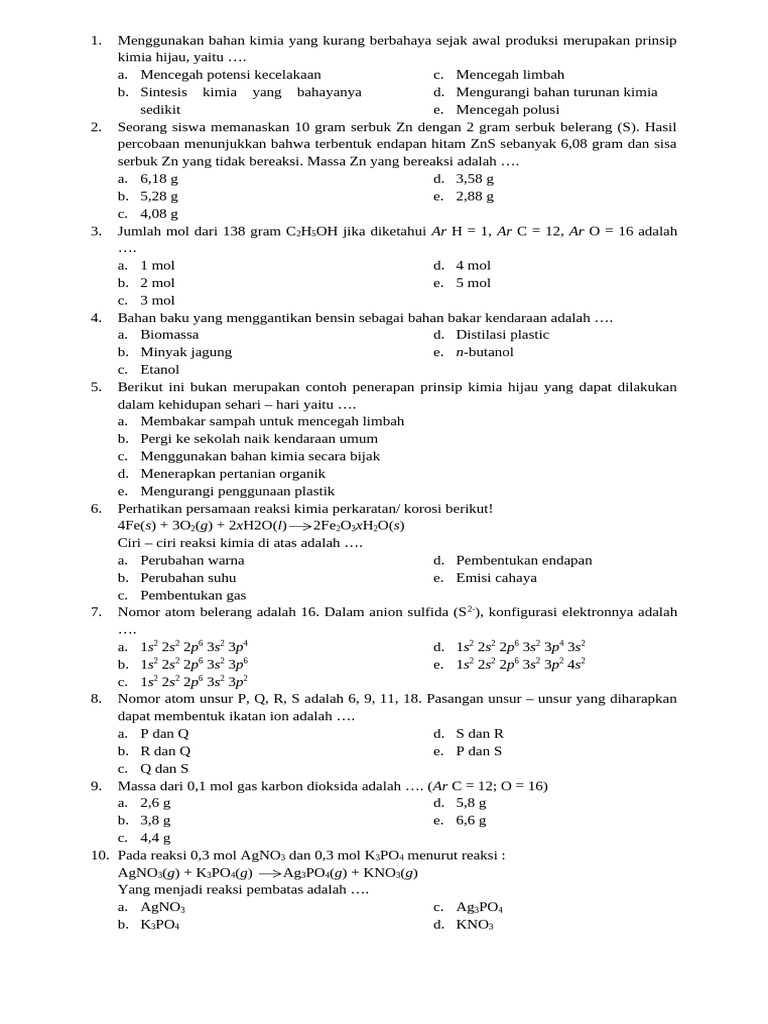 Latihan US Kimia | PDF