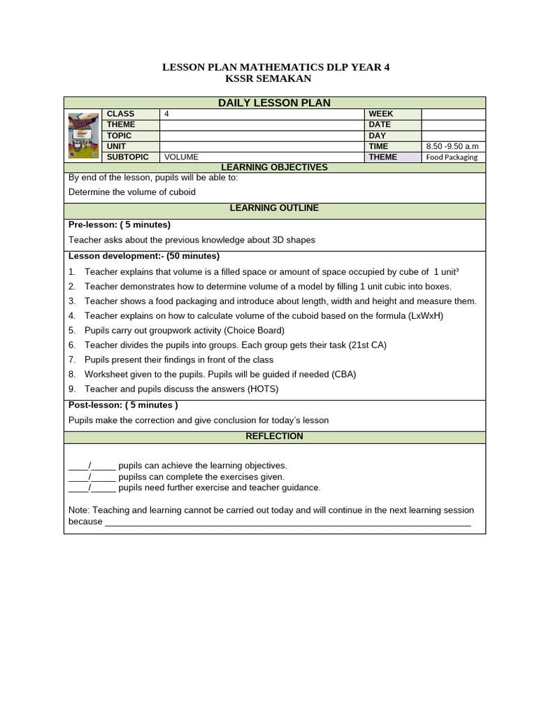 Lesson Plan Mathematics DLP Year 4 | PDF