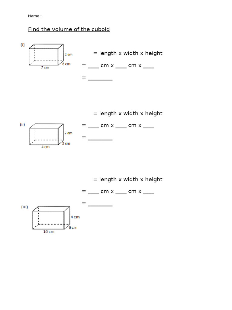 Find The Volume of The Cuboid: Name | PDF