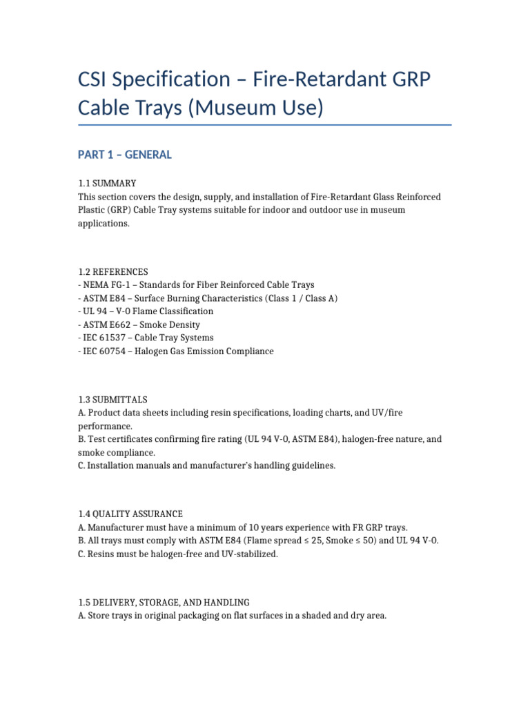 FR GRP Cable Tray CSI Specification - Museum | PDF