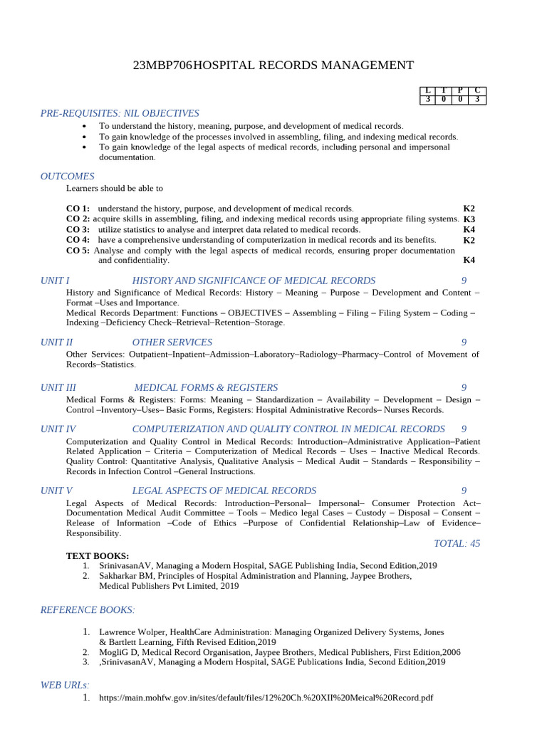 23mbp706hospital Records Management | PDF | Medical Record | Patient