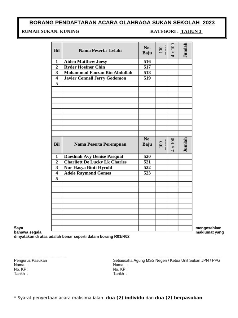 TAHUN 3 BORANG R03 DAFTAR ACARA | PDF