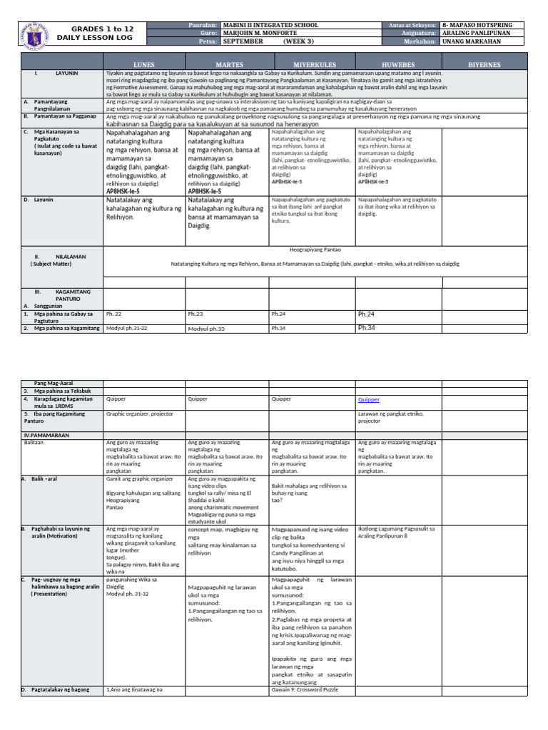 DLL-Sample-Grade 8 Aralpan | PDF