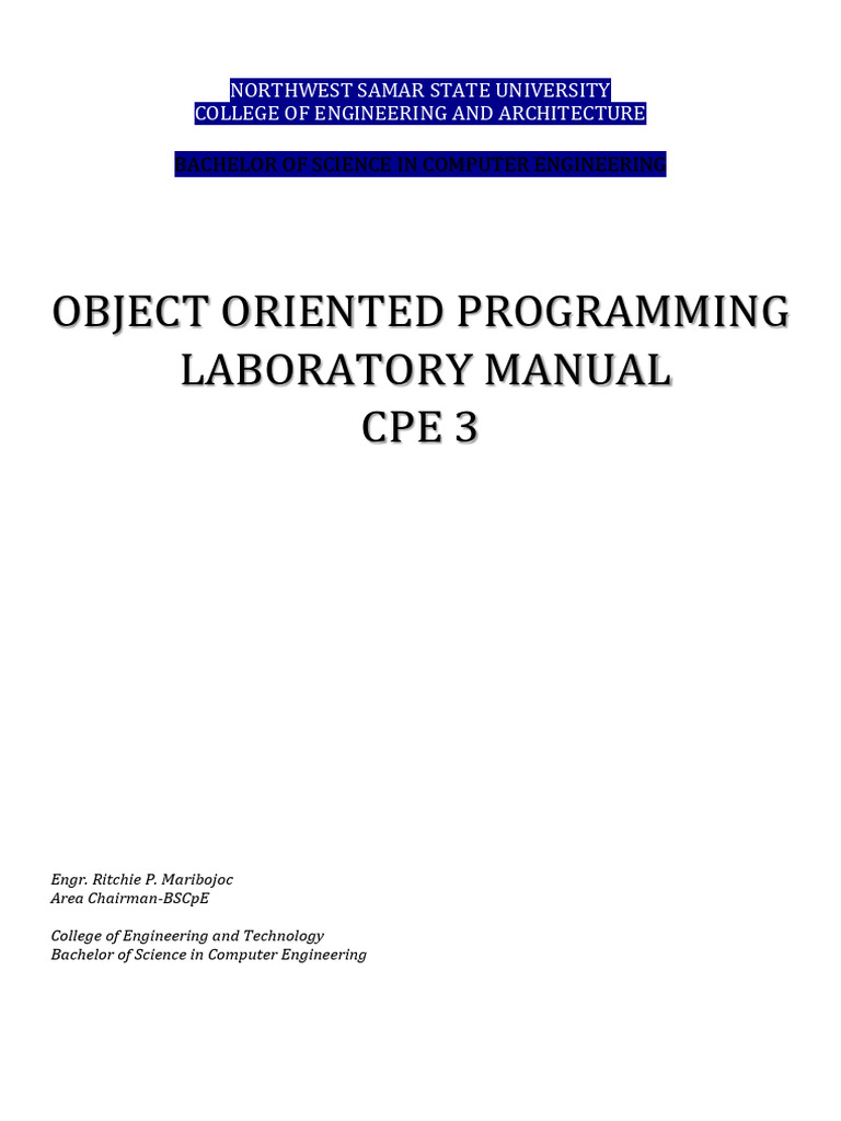 Cpe 3 Object Oriented Programming Laboratory Manual Pdf Variable