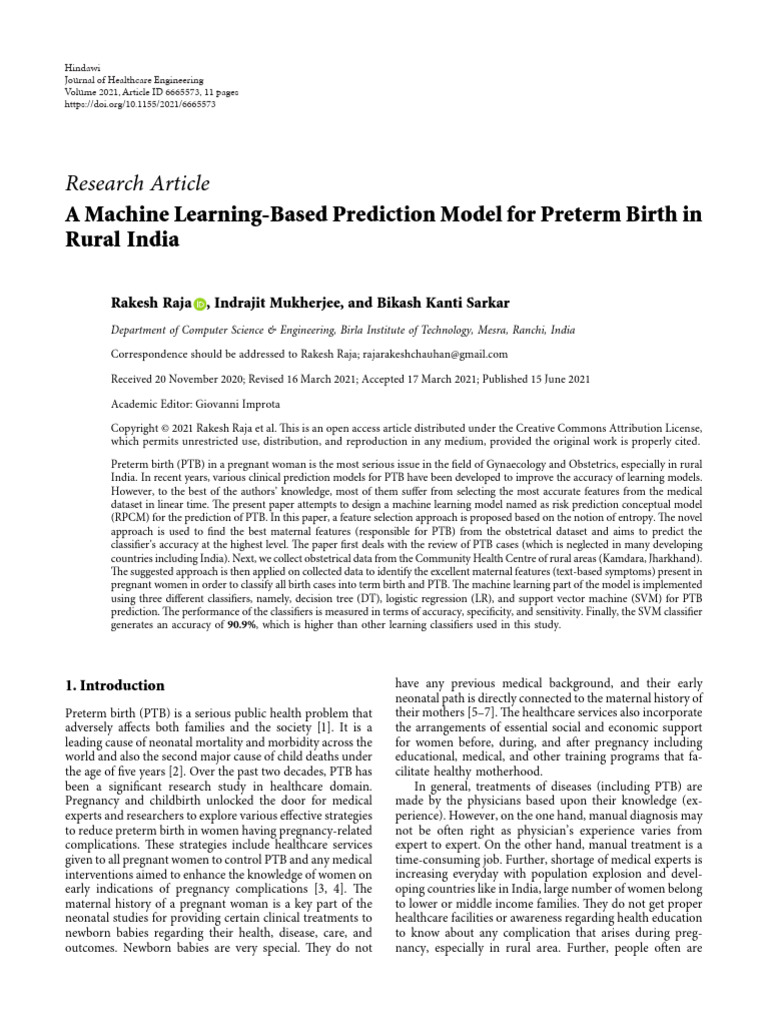 A Machine Learning Prediction Model For Preterm Birth In Rural India Pdf Pregnancy Preterm
