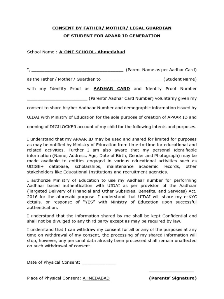 Parent Consent for APAAR ID Generation | PDF
