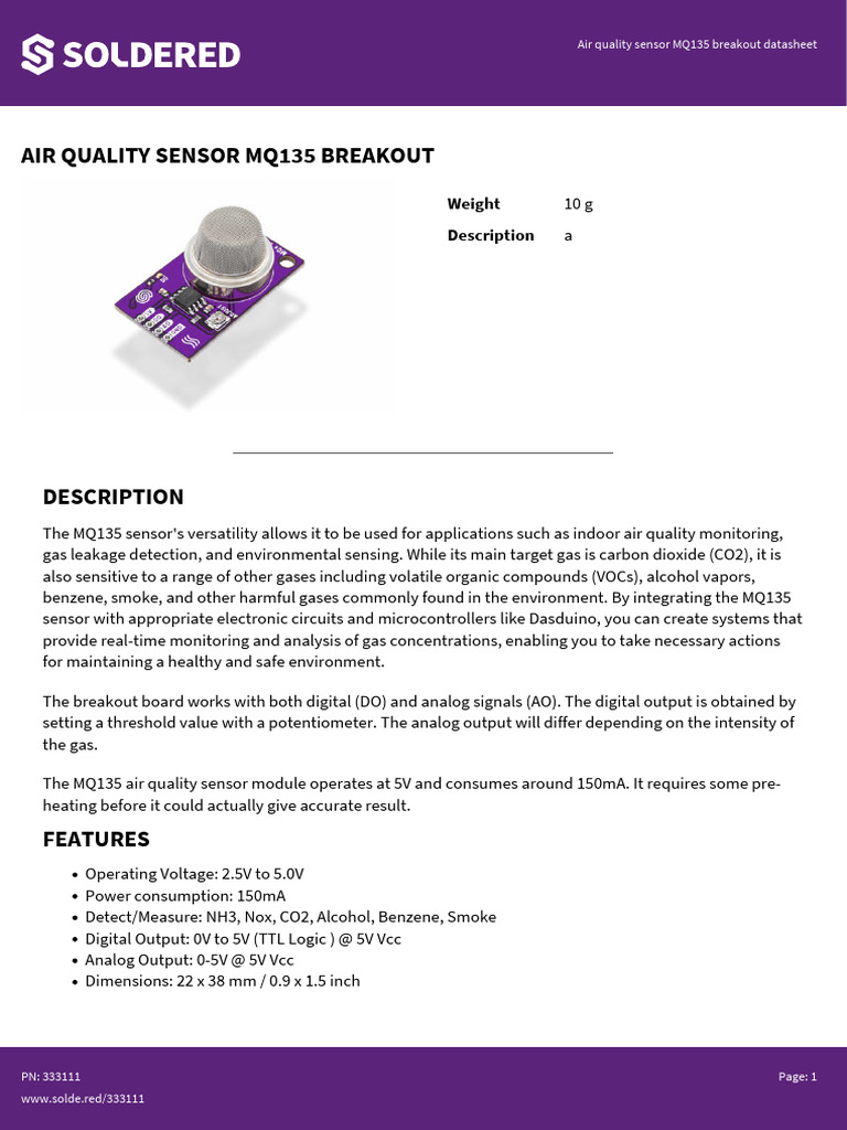Air Quality Sensor MQ135 Breakout Datasheet | PDF | Sensor | Air Pollution