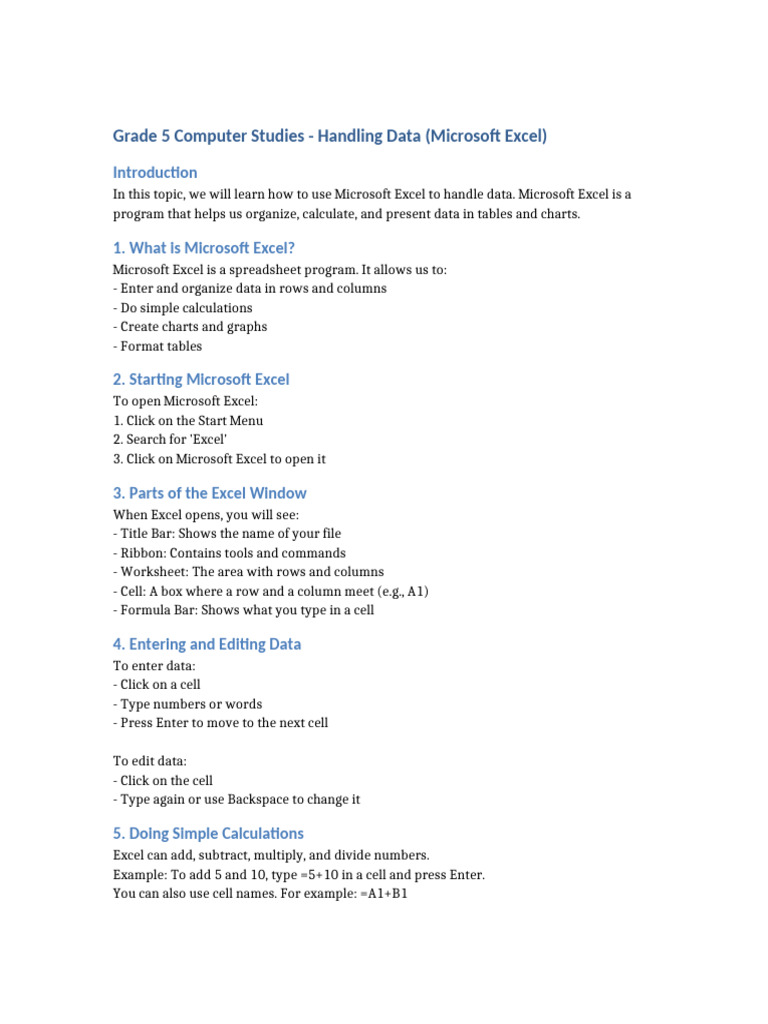 Grade 5 Handling Data MS Excel | PDF