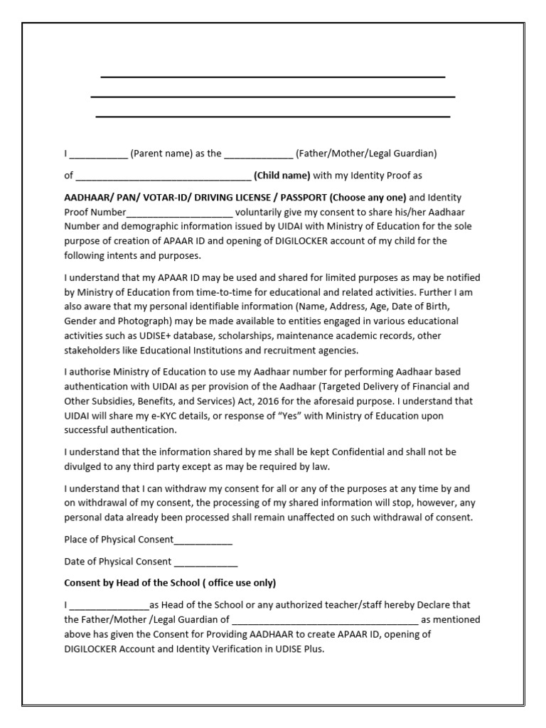 Consent Letter of Student For APAAR ID Generation Shreyas | PDF ...