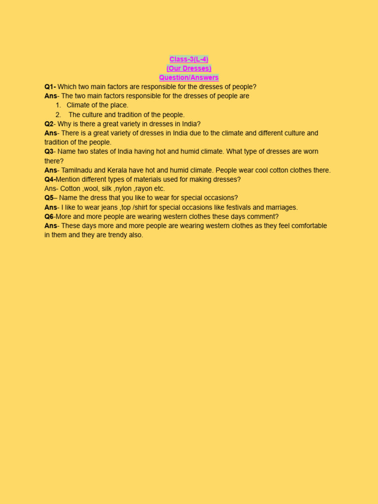 Class-3 (L-4) Our Dresses Ques Ans | PDF