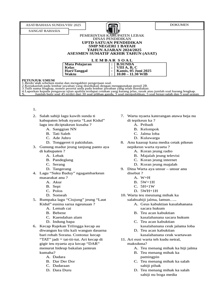 Soal Asat Sunda Kelas A B C | PDF