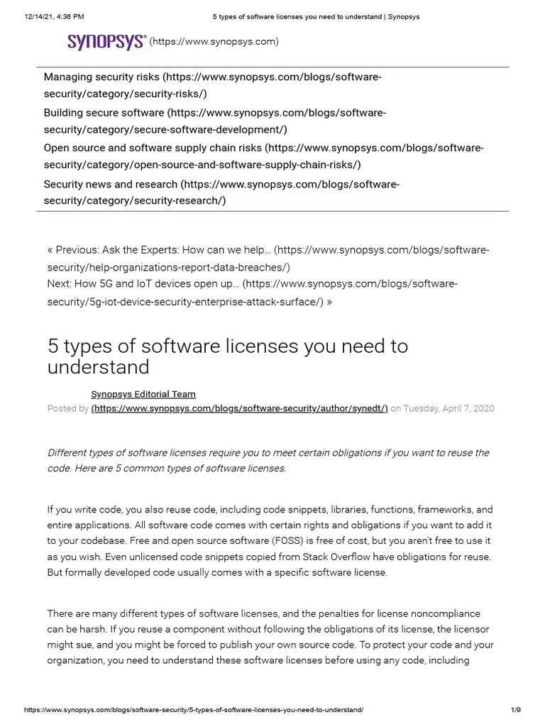 5 Types of Software Licenses You Need To Understand - Synopsys | PDF | Computing | Intellectual ...