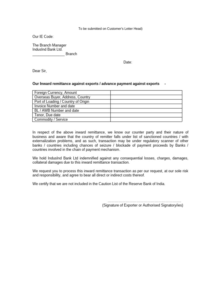 OFAC Undertaking Export Inward Remittance | PDF
