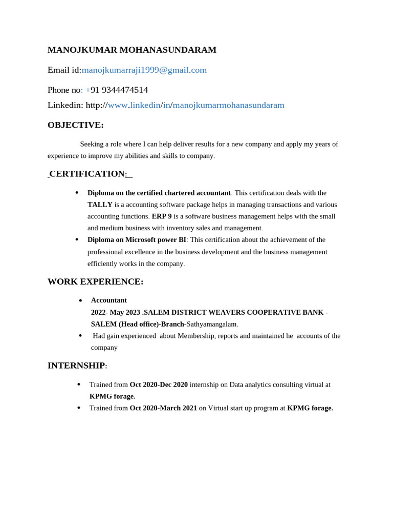 Manojkumar Final Resume-2 | PDF | Accounting | Business