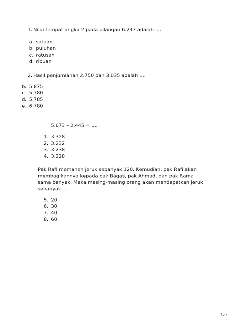 Katadata - Co.id-35 Contoh Soal Matematika Kelas 3 Semester 1 Serta Kunci Jawabannya | PDF