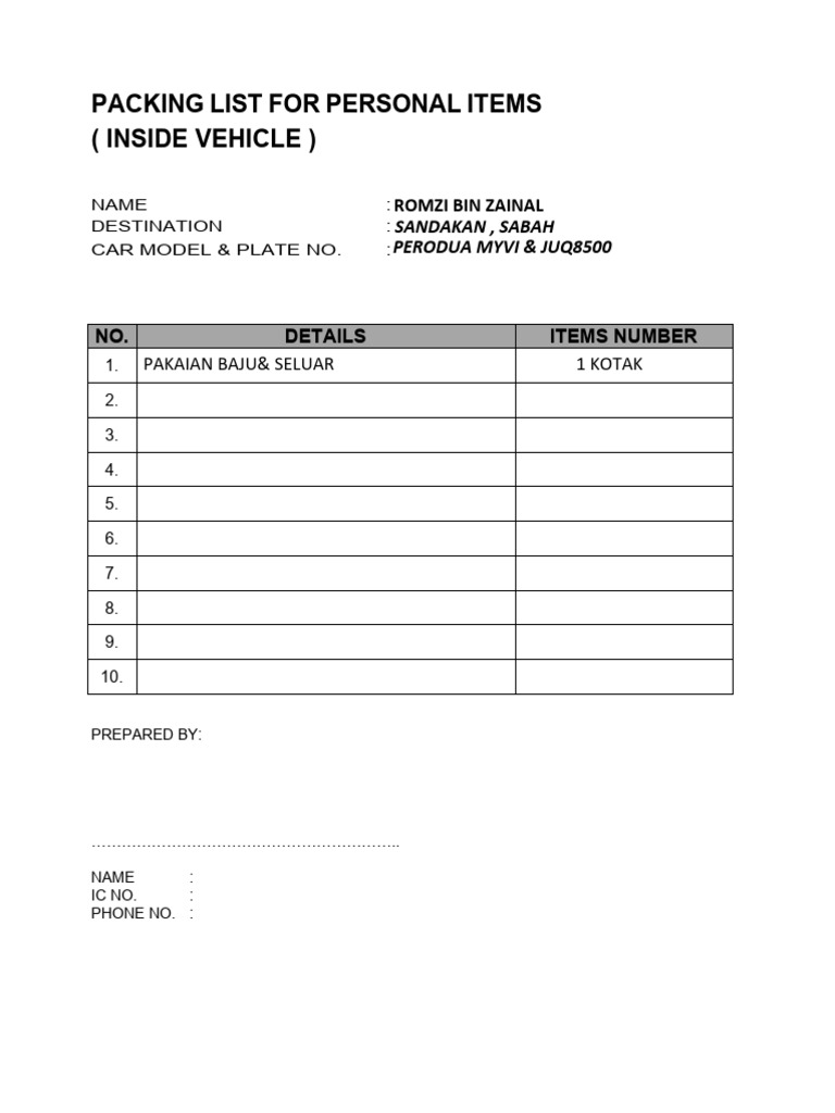 Packing List (Items Inside Vehicle) | PDF