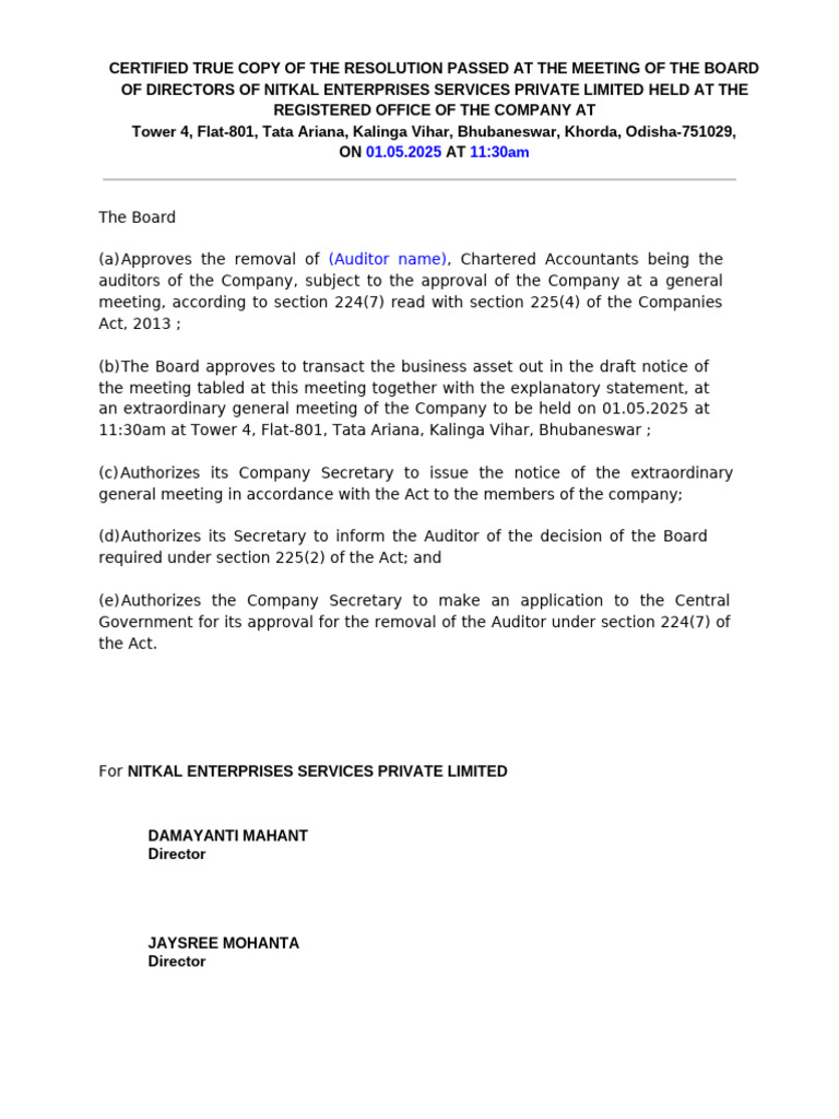 Special Resolution For Auditor Removal | PDF