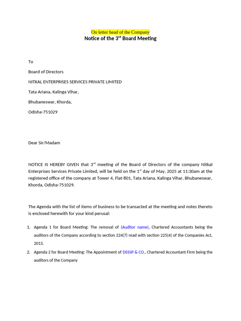 Board Meeting Notice Format 2 Pdf