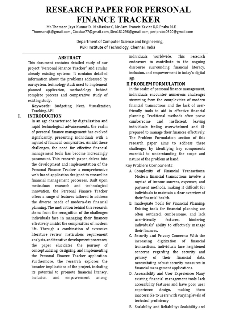 Personal Finance Tracker Research Paper | PDF | Databases | User Interface