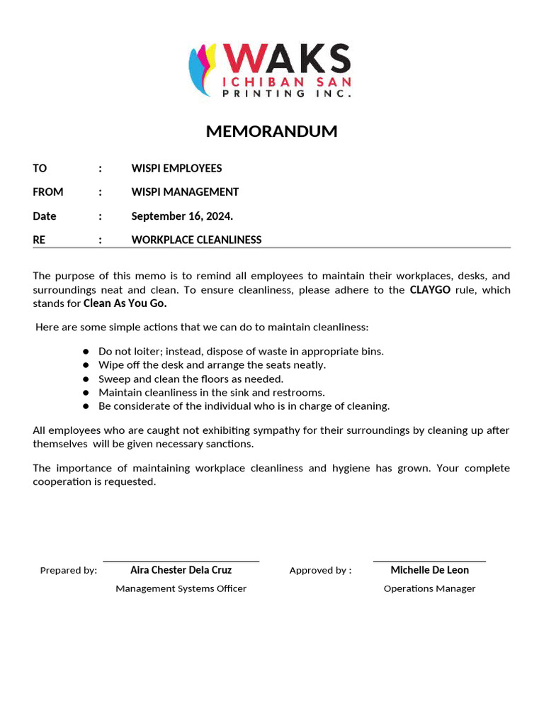 Workplace Cleanliness Reminder Memo | PDF