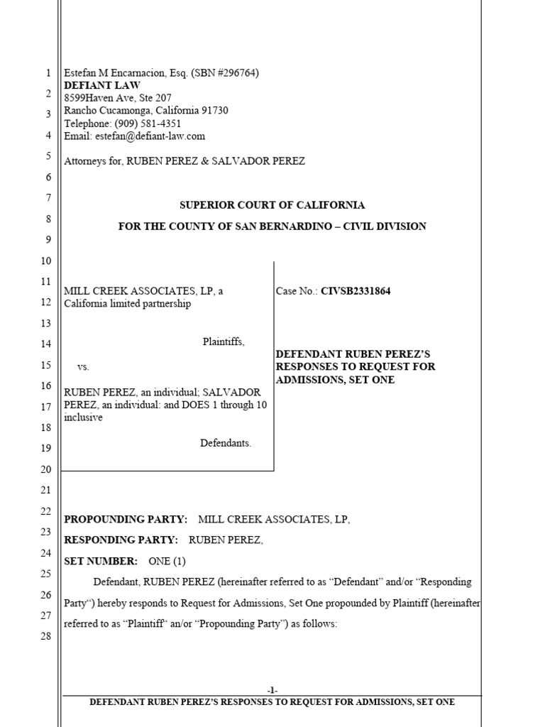 Def. R. Perez Response To Rfa Set One - Signed | PDF | Discovery (Law ...
