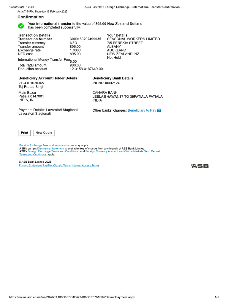 ASB FastNet - Foreign Exchange - International Transfer Confirmation ...