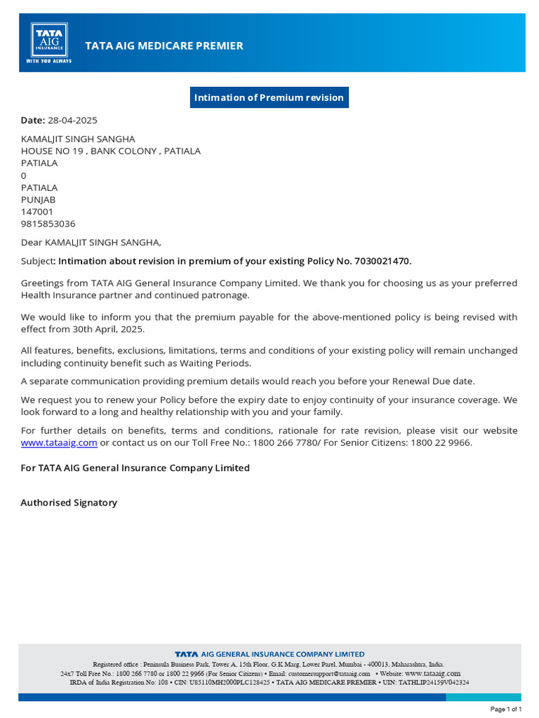 TATA AIG Medicare Premier Premium Update | PDF
