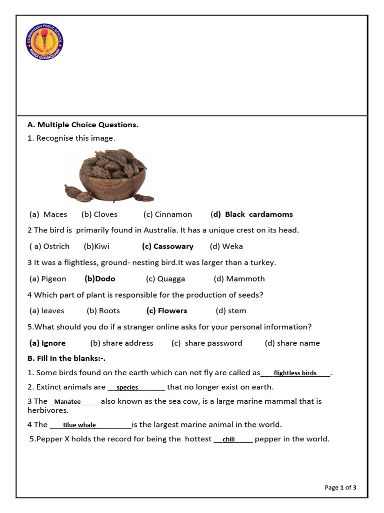 GR 5 GK Worksheet Answer Key | PDF