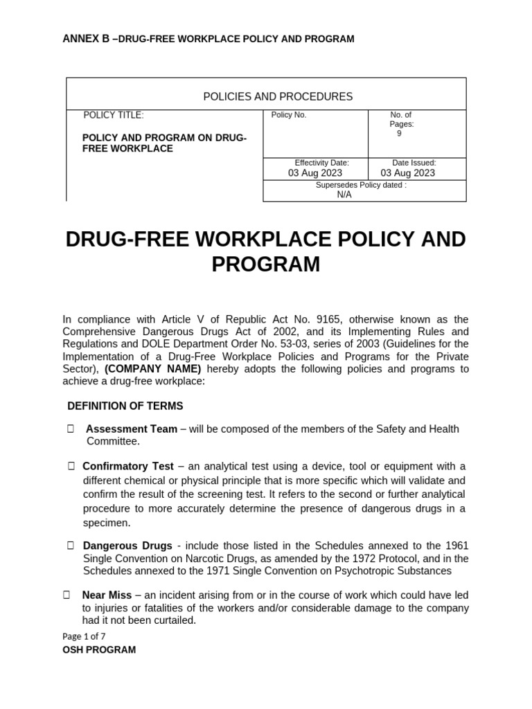 Drug-Free Workplace Policy Overview | PDF | Drug Test | Occupational ...