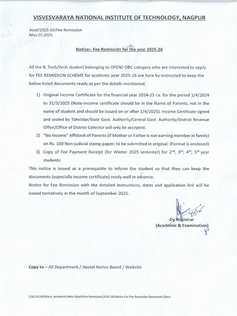 VNIT Nagpur Fee Remission Notice 2025-26 | PDF