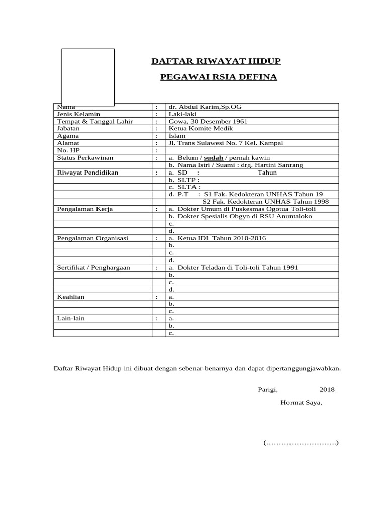 Daftar Riwayat Hidup Pegawai RSIA Defina | PDF