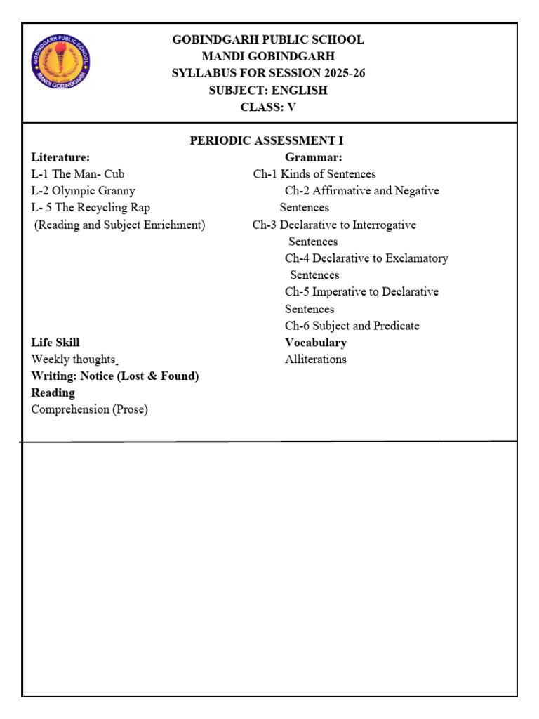 Eng GR.V Syllabus 2025-26 | PDF