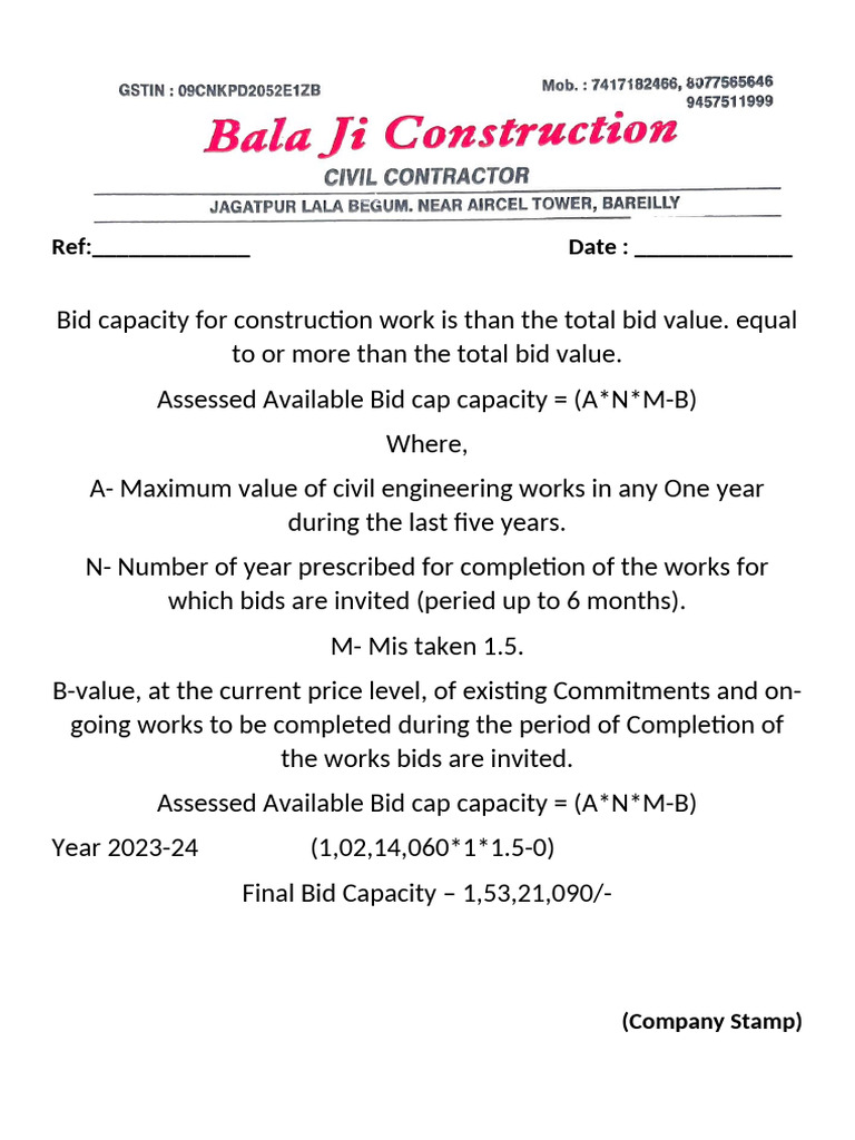 Bid Capacity For Construction Work Is Than The Total Bid Value | PDF
