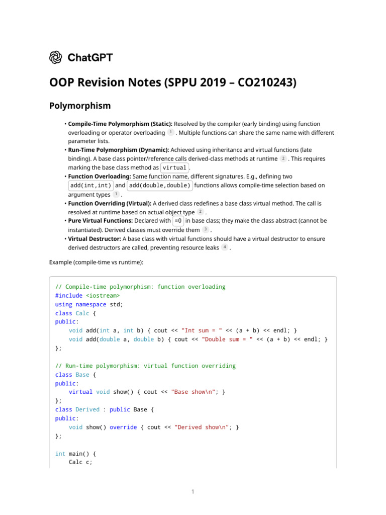 OOP Revision Notes (SPPU 2019 - CO210243) | PDF | Method (Computer ...