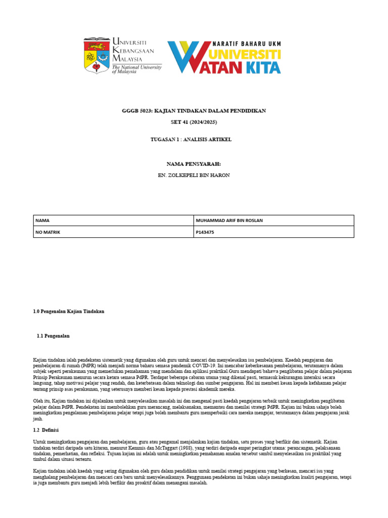 Muhammad Arif Bin Roslan p143475 Jawapan Tugasan 1 Kajian Tindakan | PDF