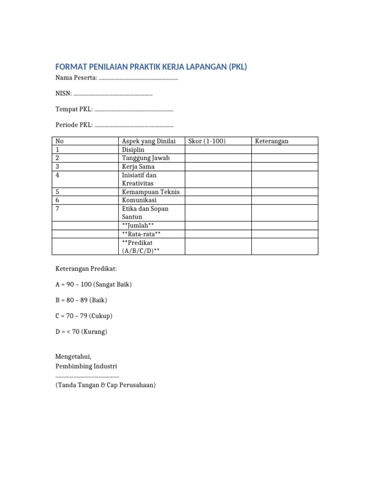 FORMAT NILAI SERTIFIKAT PKL RPL SMK | PDF