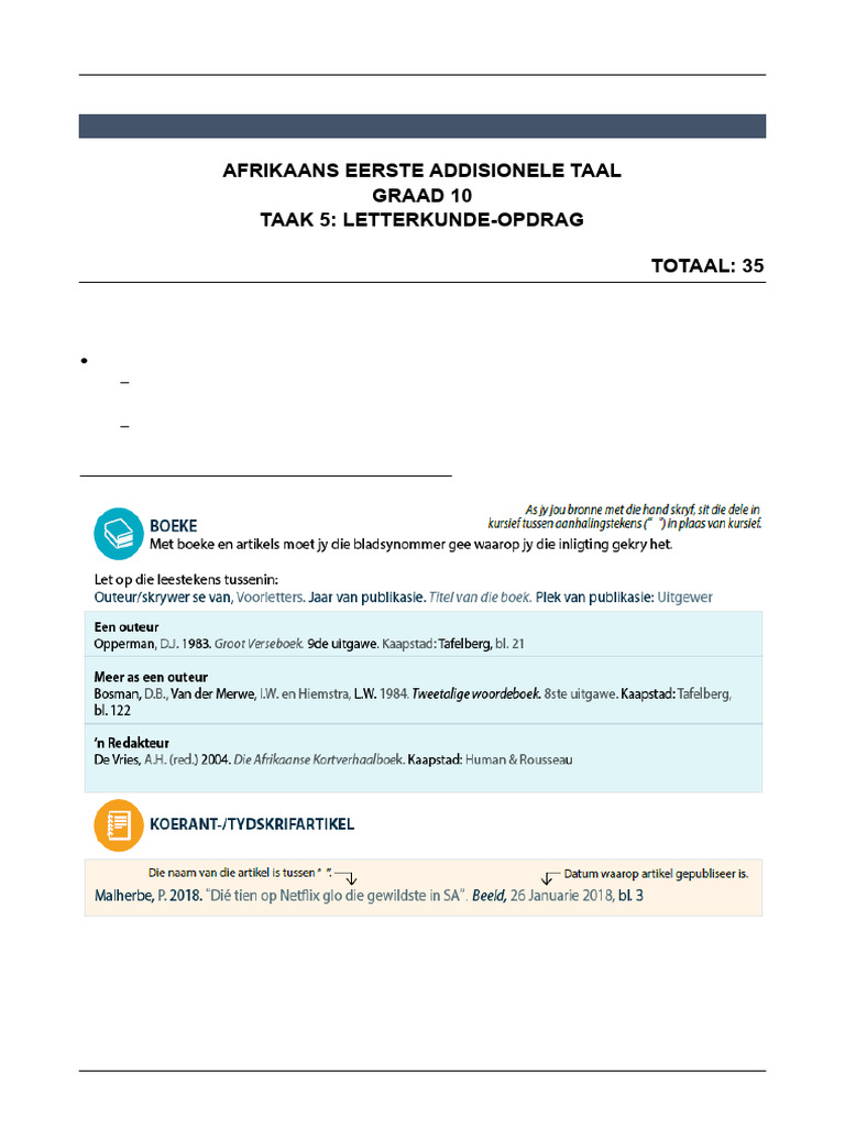 Afrikaans Eerste Addisionele Taal Graad 10 Taak 5: Letterkunde-Opdrag ...