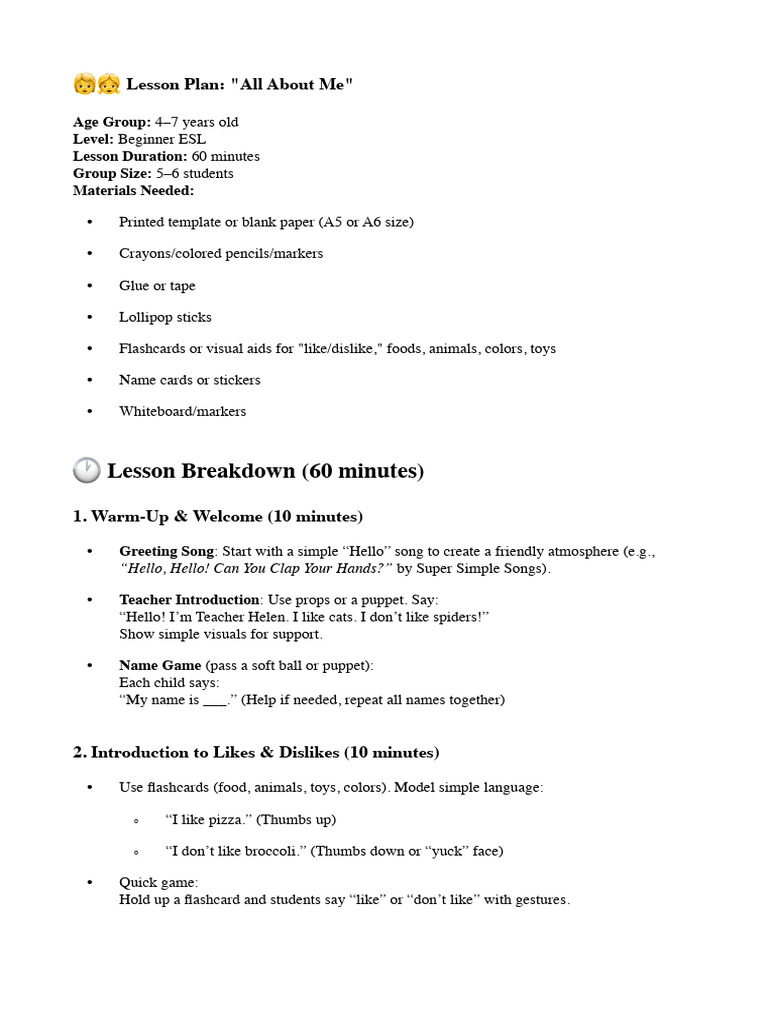 Lesson Plan - All About Me PDF | PDF | Learning