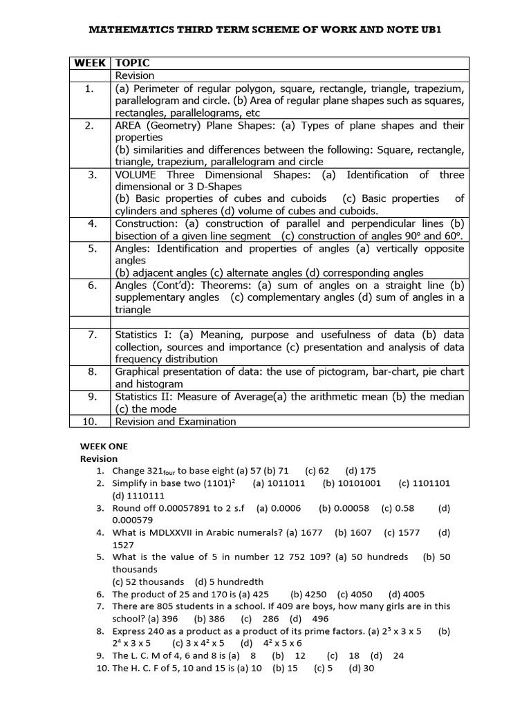 Mathematics Third Term Scheme of Work and Note Ub1 | PDF | Area | Volume