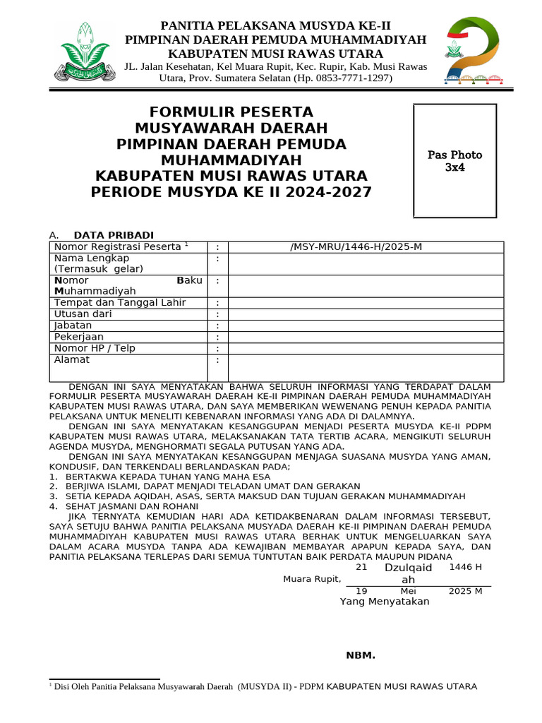 02.a.formulir Peserta Musyda PDPM Muratara-1 | PDF