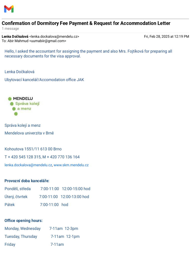 Gmail - Confirmation of Dormitory Fee Payment & Request For Accommodation Letter | PDF