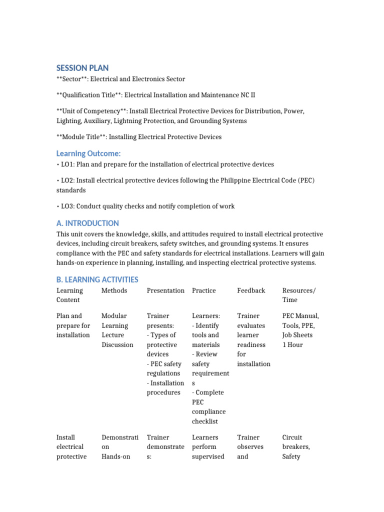 Session Plan EIM NCII Formatted Table | PDF | Learning | Switch