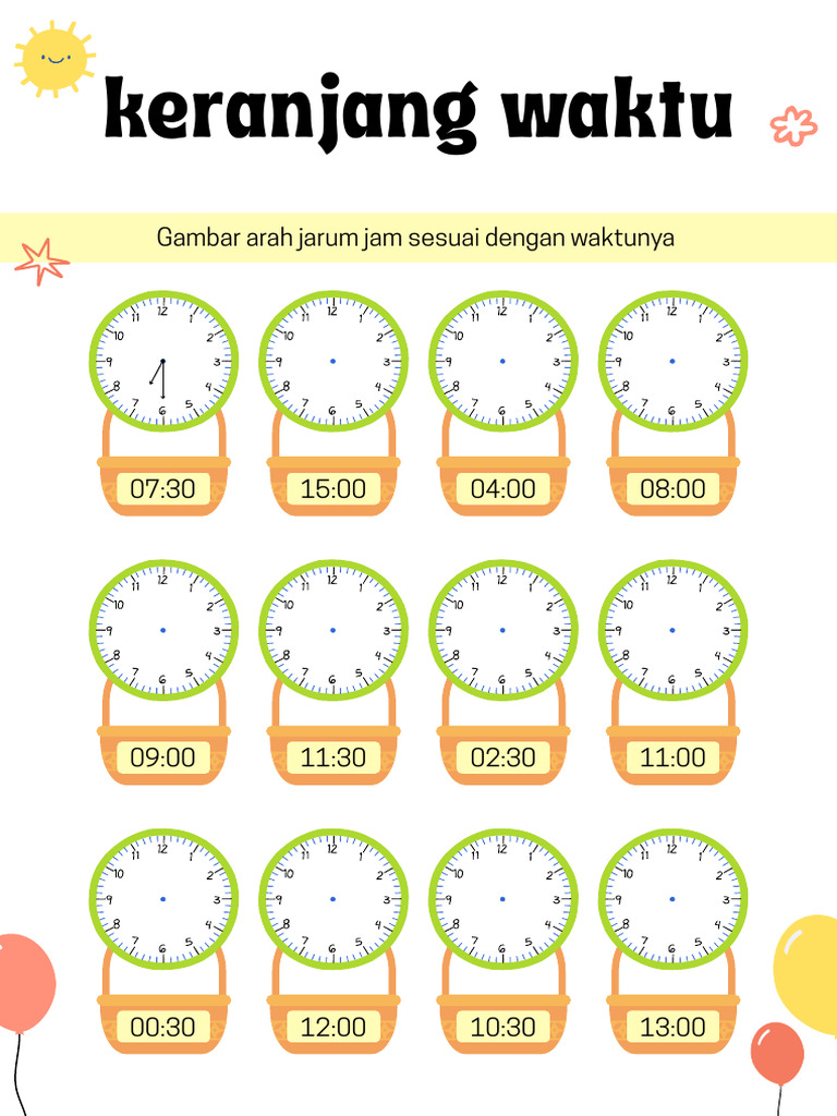 Lembar Kerja Belajar Membaca Jarum Jam Biru Dan Kuning Ilustrasi | PDF