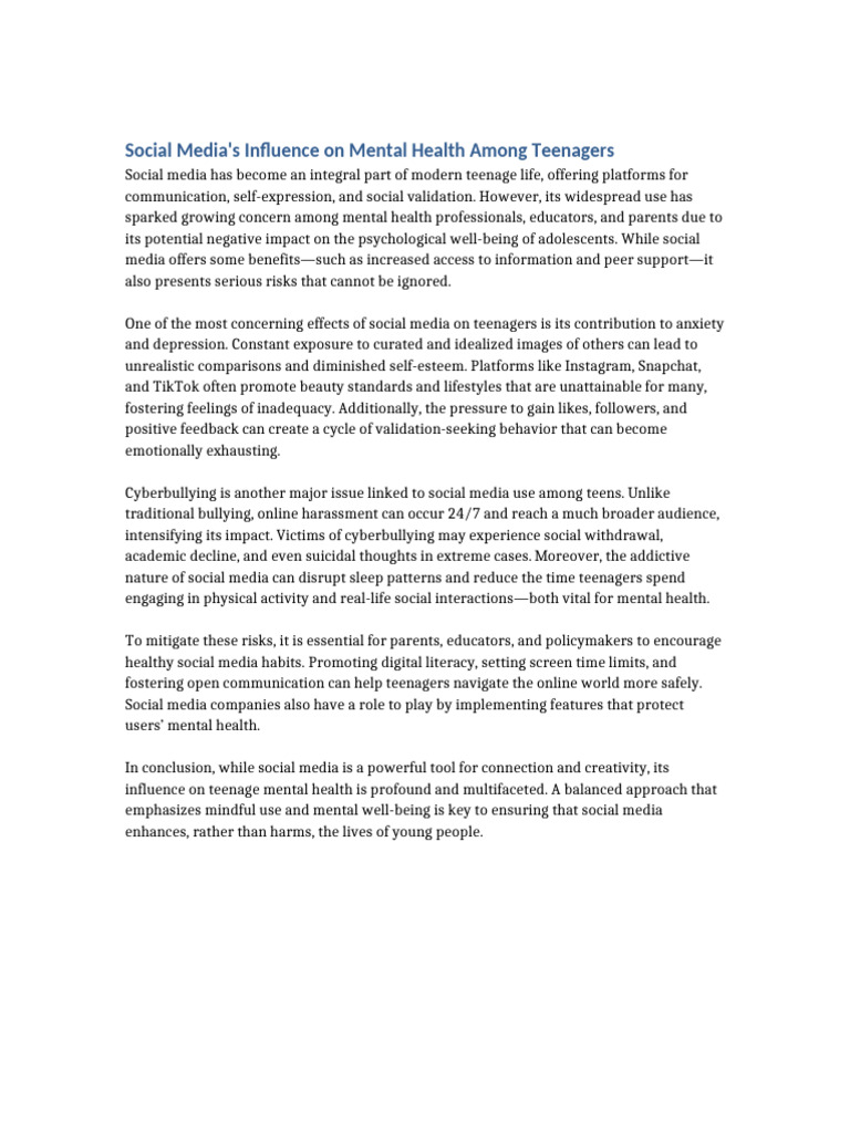 Social Media and Teen Mental Health Essay | PDF